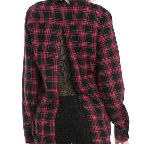 Hot Topic | Tops | Hot Topic Red Black Plaid Lace Girls Woven Buttonup ...
